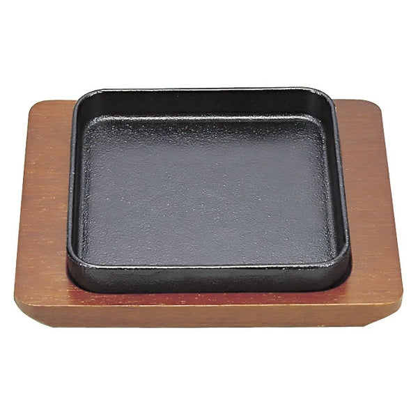 Sanwa Seiki Cast Iron Square Sizzler Platter for Gyoza with Wooden Bas ...